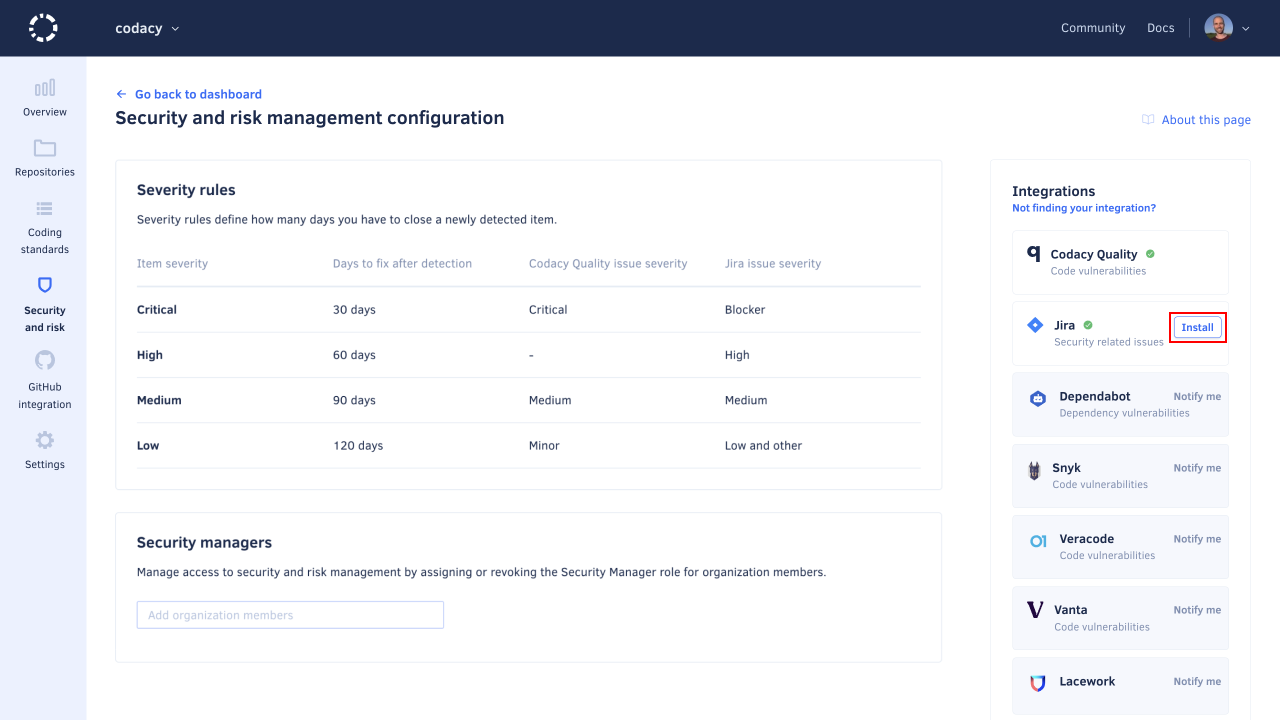Managing security and risk - Codacy docs